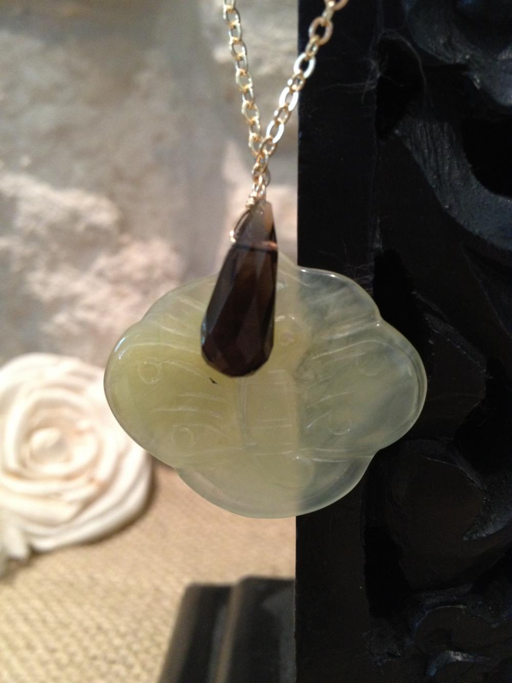 Jade Bumble Bee Pendant With Smoky Quartz Drop on Luulla